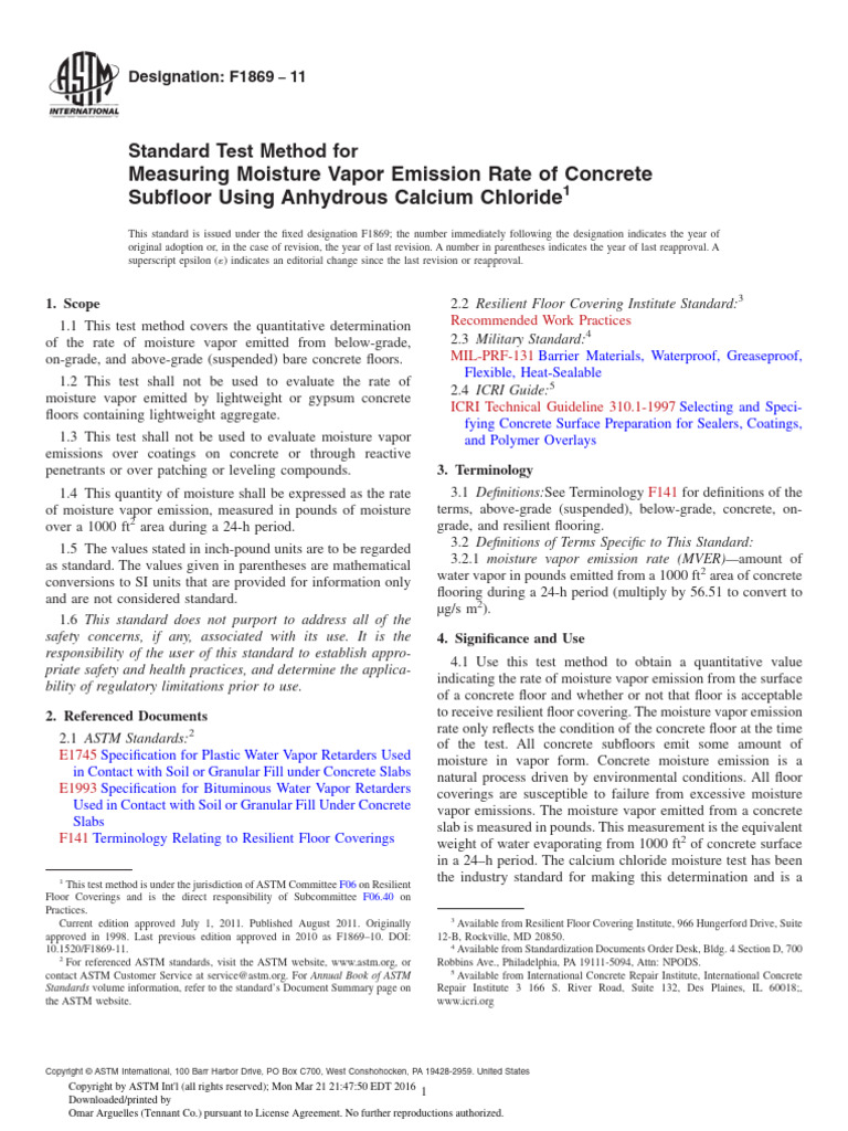 Astm F1869-11 Standard Test Method For Measuring Moisture Vapor ...