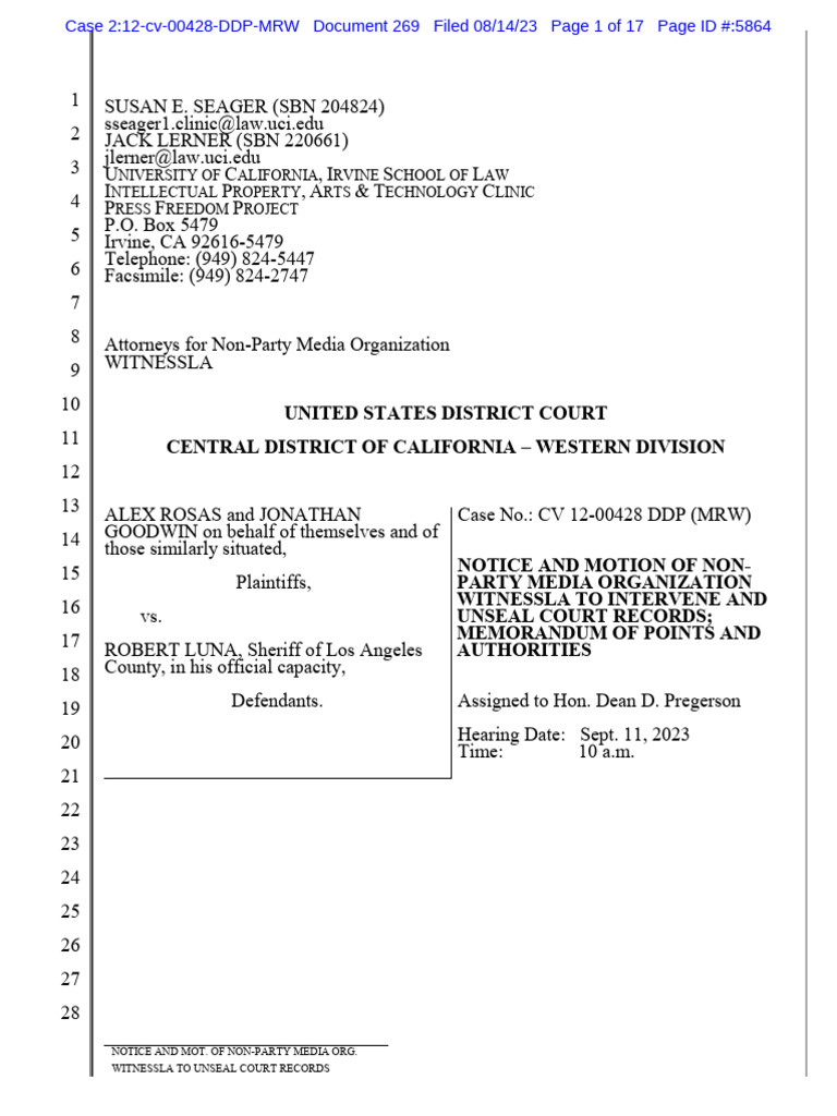 Seager (For WitnessLA) - Notice and Motion To Intervene and Unseal ...