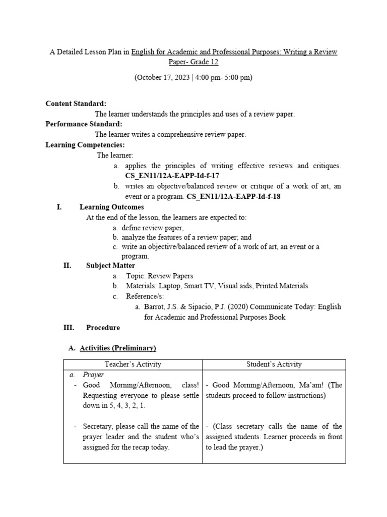 REVIEW PAPER Lesson Plan FINAL | PDF | Lesson Plan | Learning