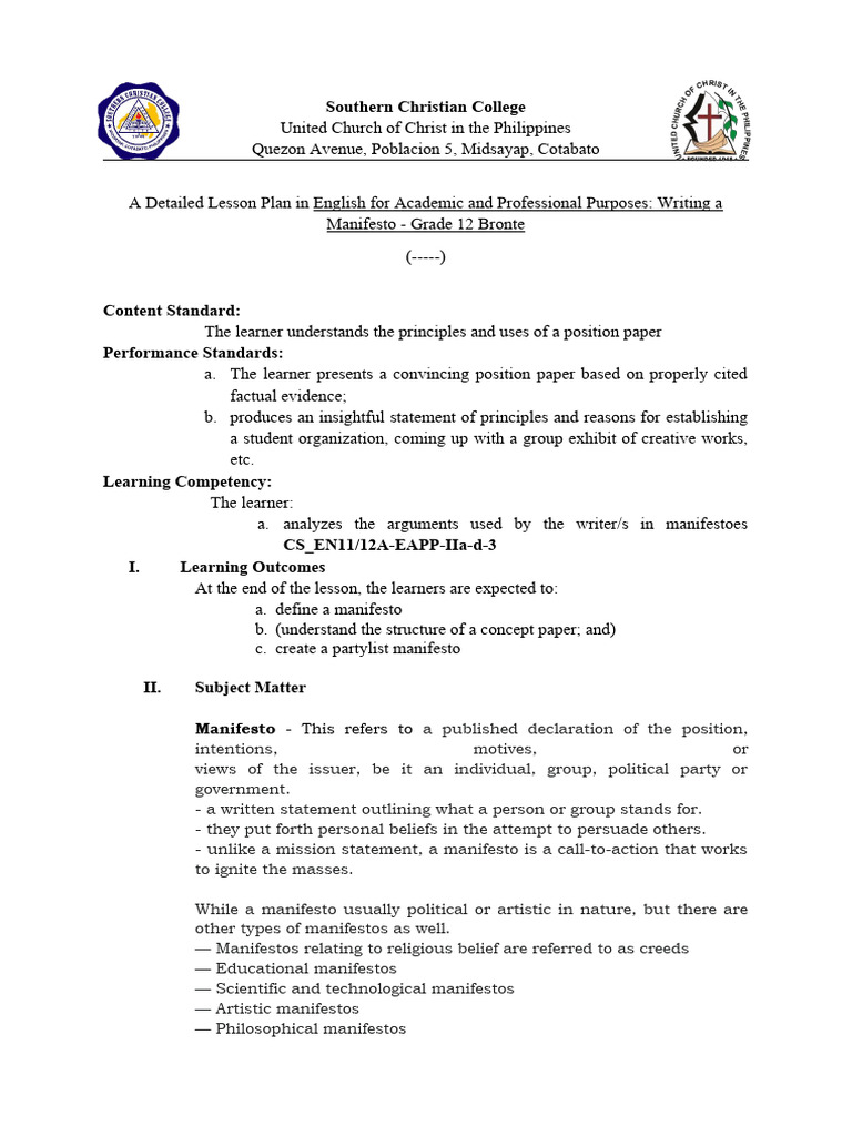 Eapp Manifesto Lesson Outline | PDF | Argument | Reason