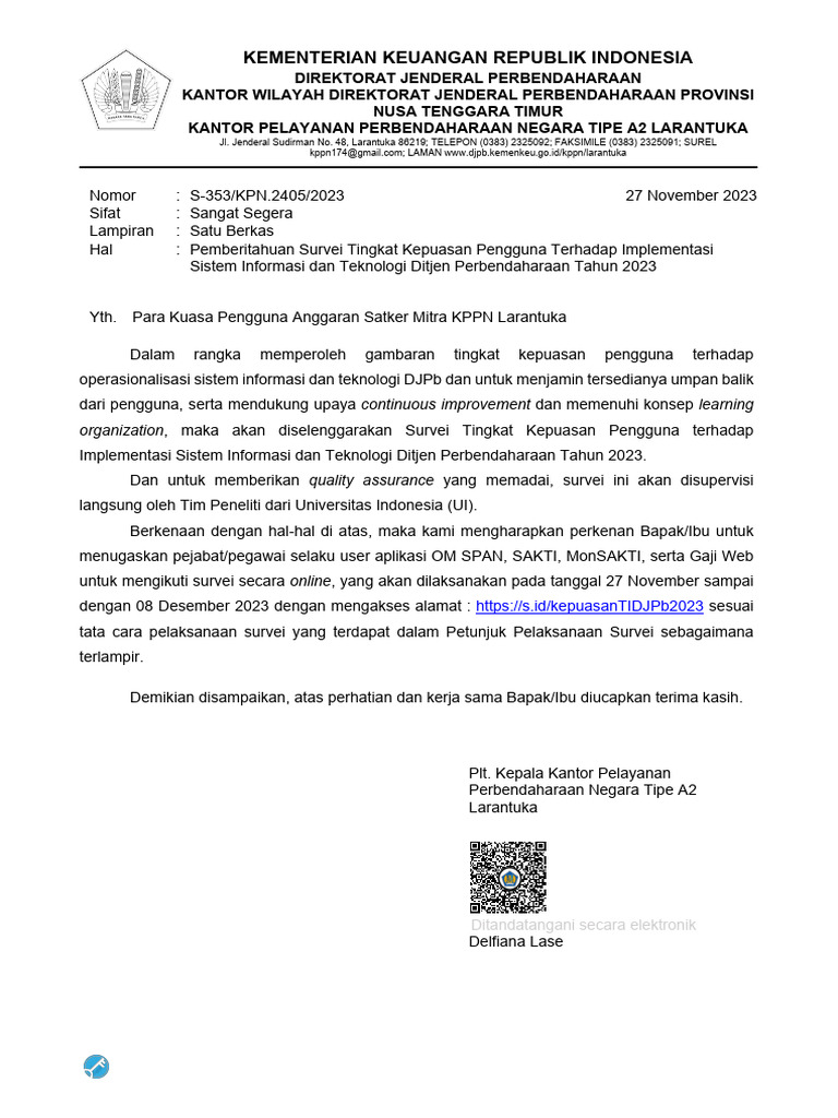 S-353 - Pemberitahuan Survei Tingkat Kepuasan Pengguna Terhadap Implementasi Sistem Informasi ...