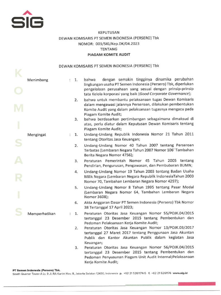 2023 SK 003 Sig SK Lengkap Piagam Komite Audit WM v3 Signed | PDF