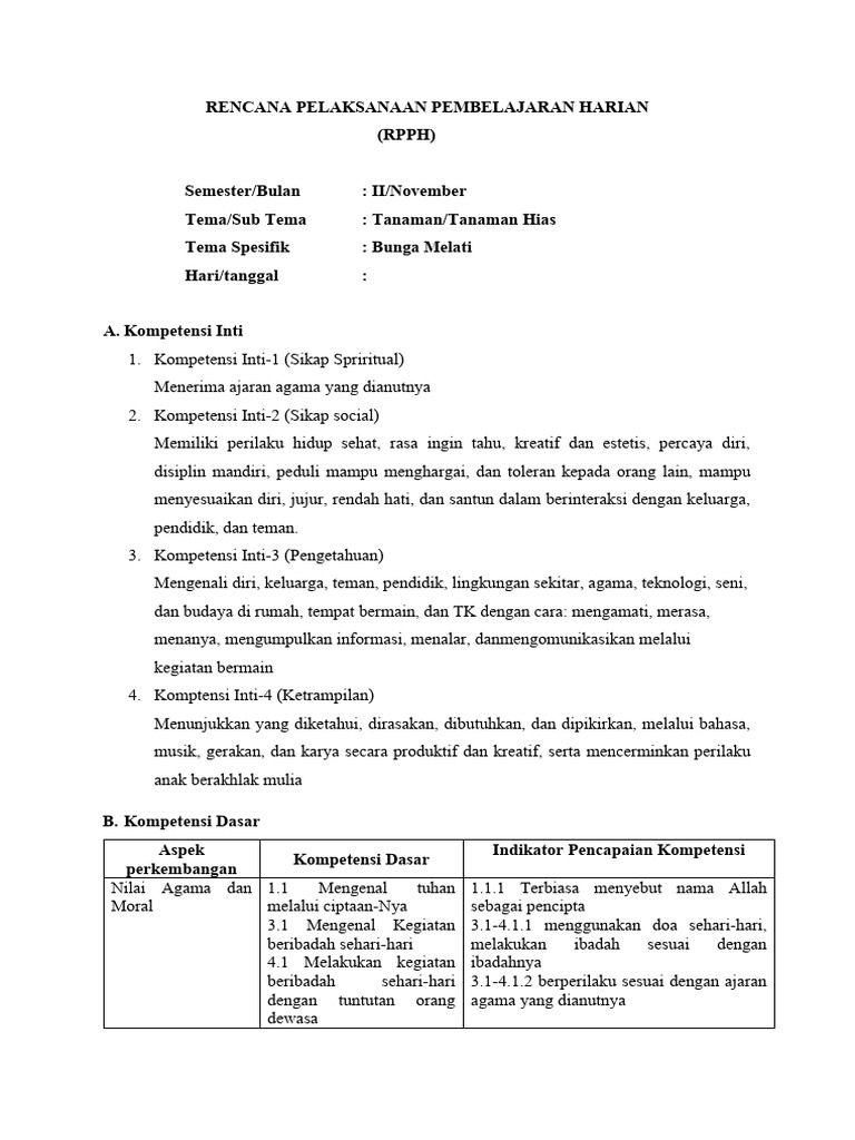 RPPH: Pembelajaran Bunga Melati | PDF | Pengembangan Diri
