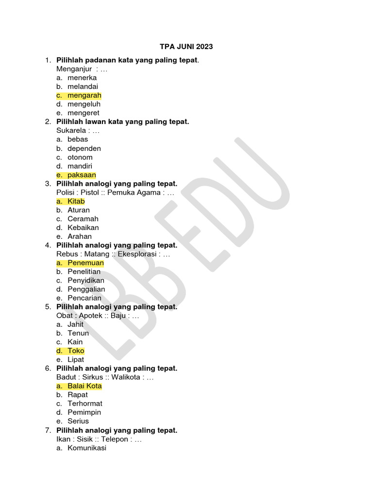 Soal Tpa Tahun 2023-2021 DR Rufaida | PDF