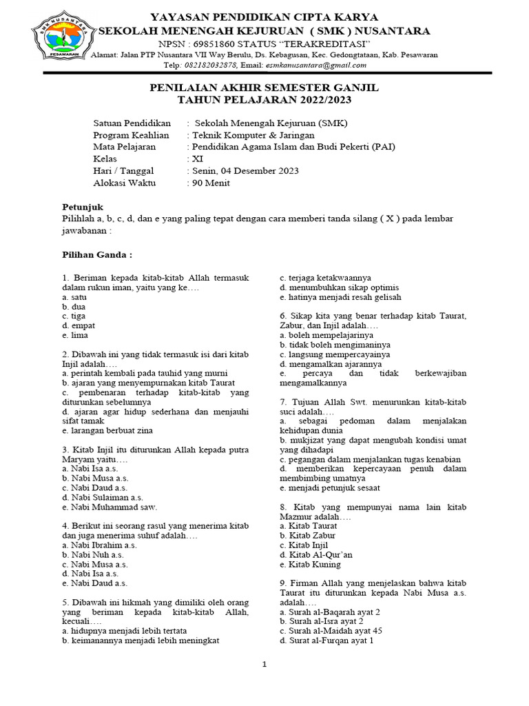 Soal Pai Kelas Xi 2023 2024 Pas | PDF