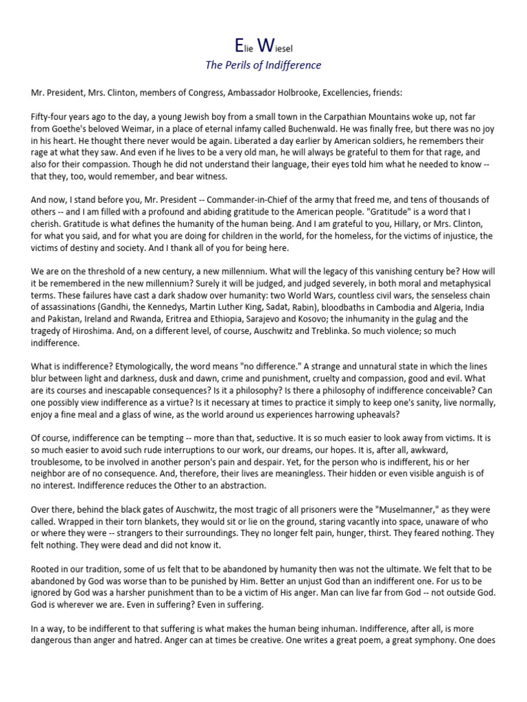 The Perils of Indifference by Elie Wiesel 1 | PDF | Anger