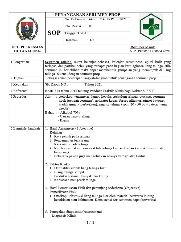 Sop Penanganan Serumen Prop | PDF