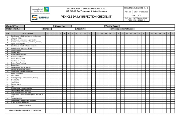 Vehicle Daily Inspection Checklist | PDF | Vehicles | Manufactured Goods