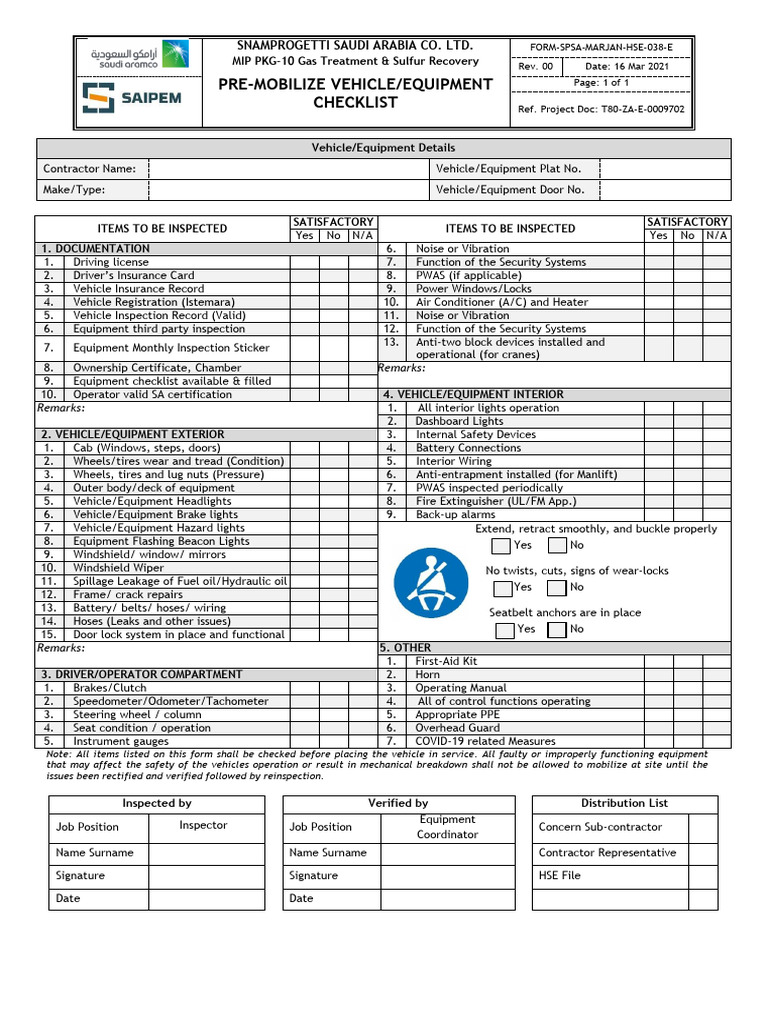 Pre-Mobilize Vehicle-Equipment Inspection Checklist | PDF | Vehicles ...