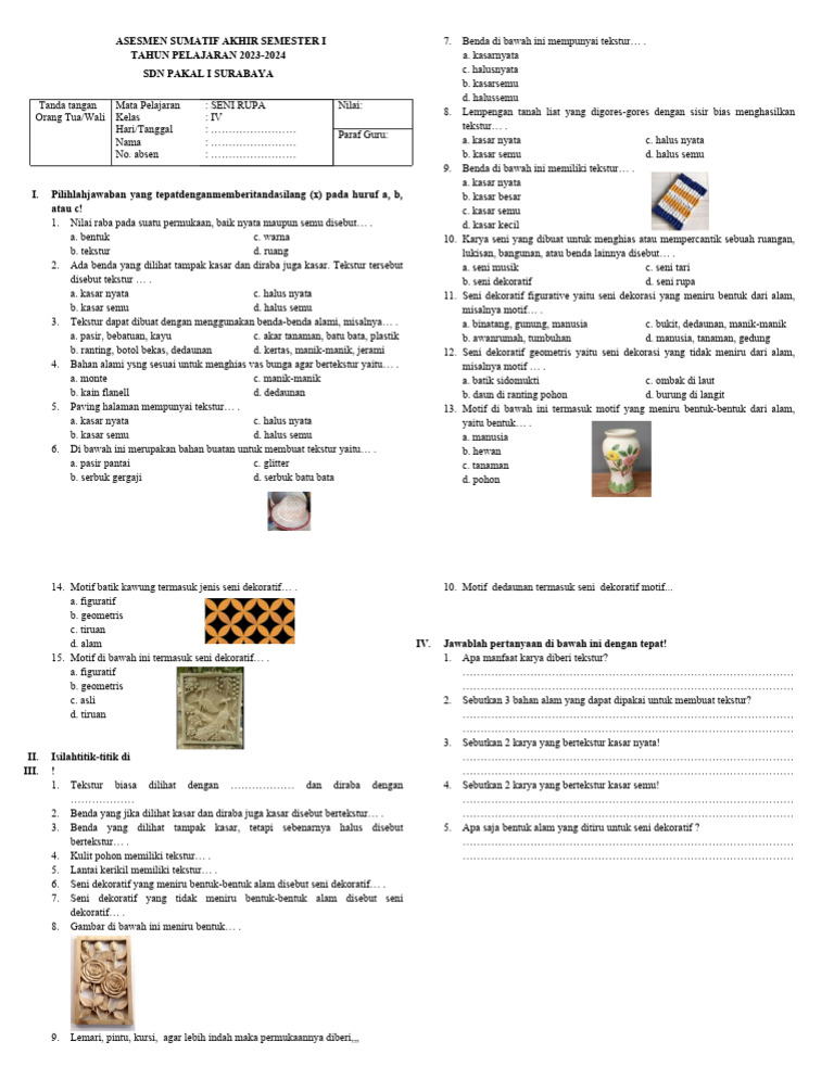 Sas Seni Rupa Kelas 4 Semester 1 2023 2024 Pdf