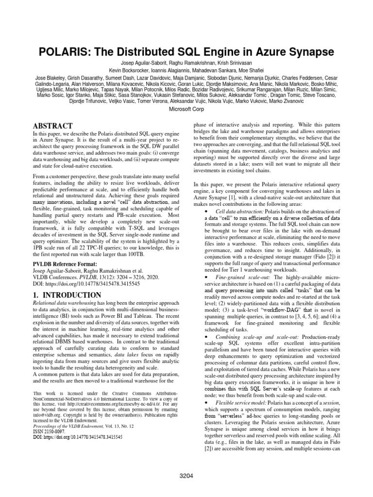 Polaris Distributed Query Engine In Synapse Pdf Scalability Databases 