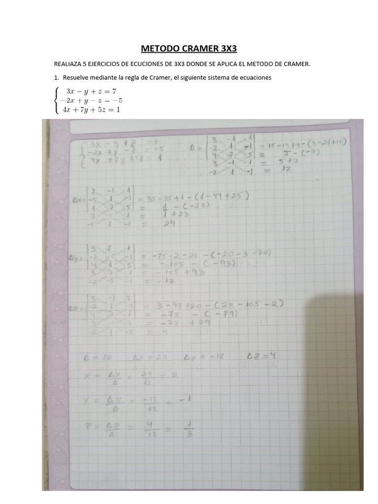 Metodo Cramer 3X3 - Ejercicios | PDF