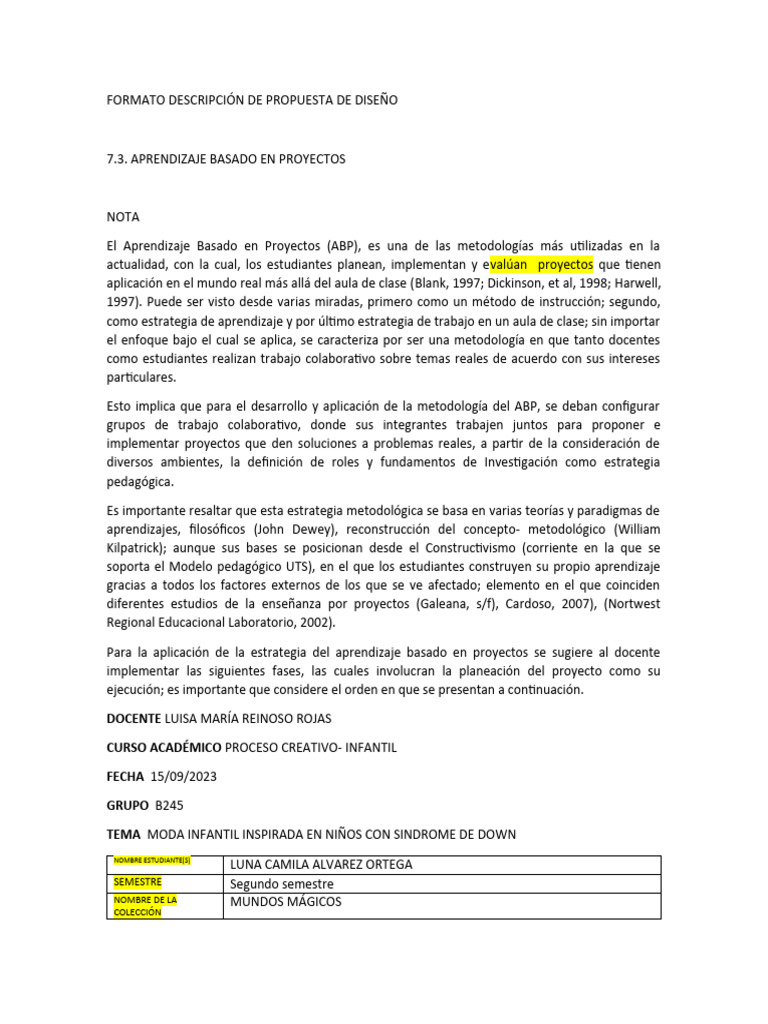 Formato Descripción de Propuesta de Diseño | PDF | Aprendizaje en base a proyectos | Síndrome de ...