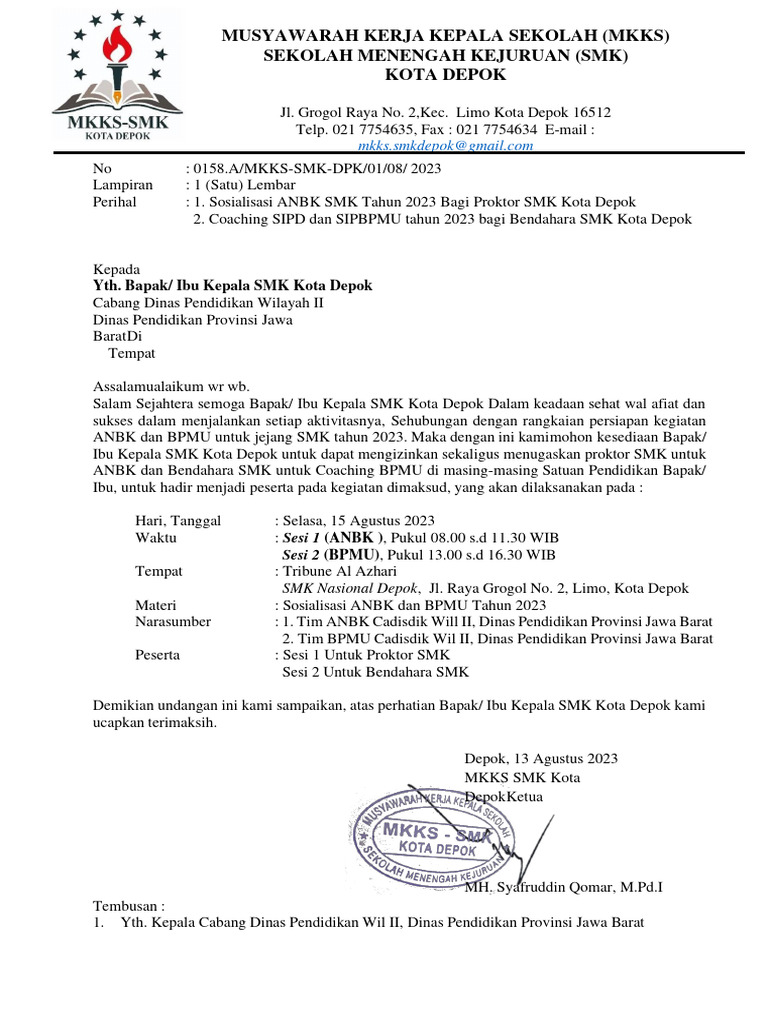 0158 - Surat Und Proktor ANBK - Bendahara SMK Kota Depok | PDF | Sains & Matematika