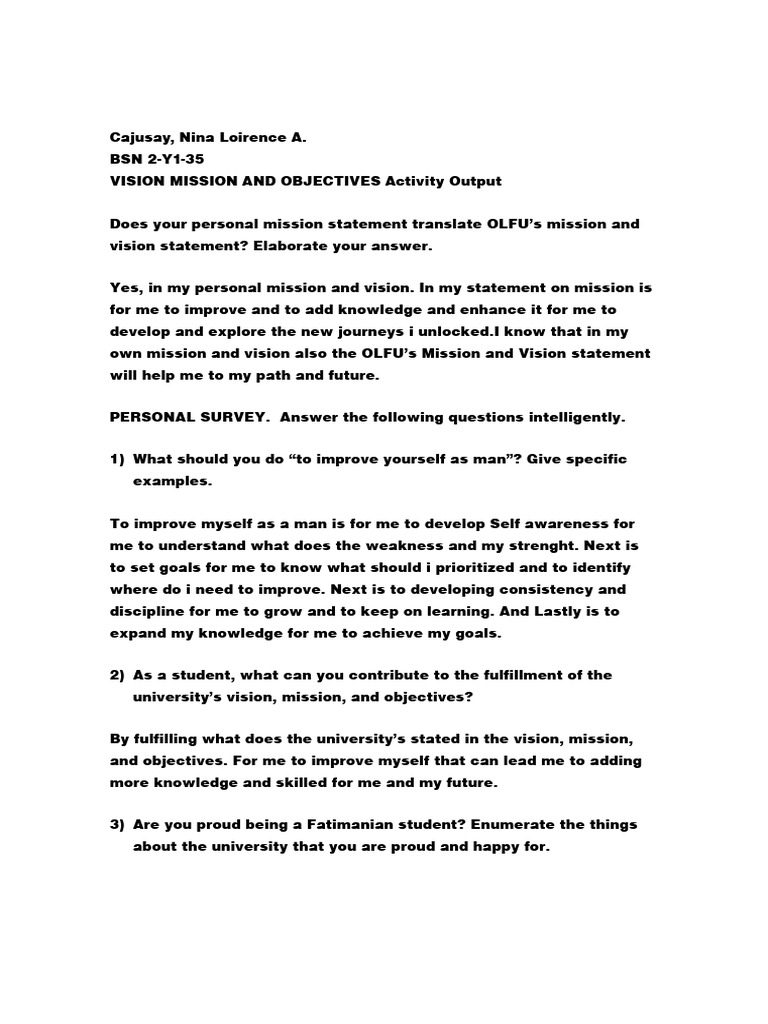 Personal Mission and OLFU Vision Alignment | PDF | Learning | Cognitive Science