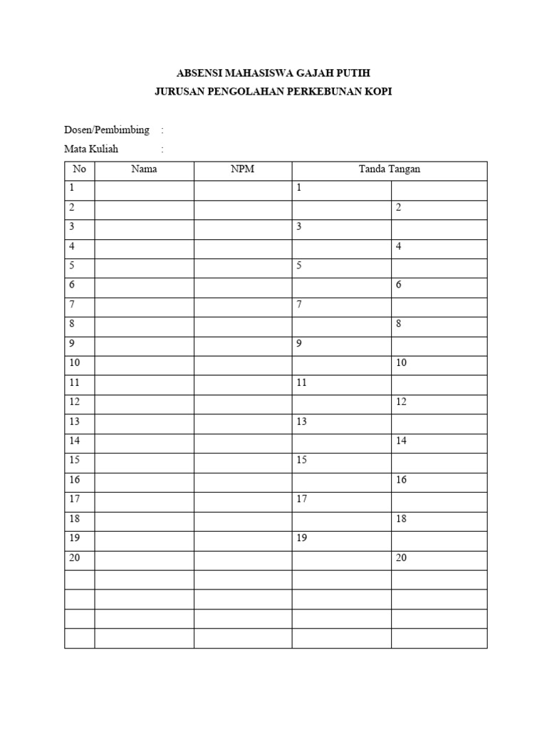 Contoh Absensi Mahasiswa Kopi | PDF