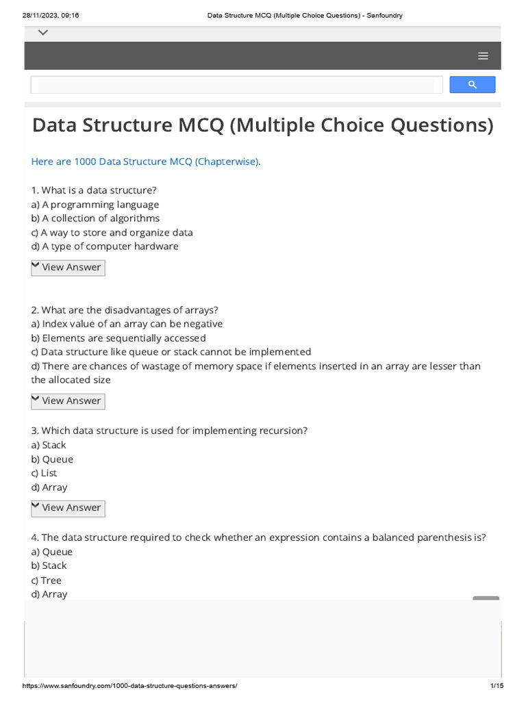Data Structure MCQ (Multiple Choice Questions) | PDF | Queue (Abstract Data Type) | Computer Science