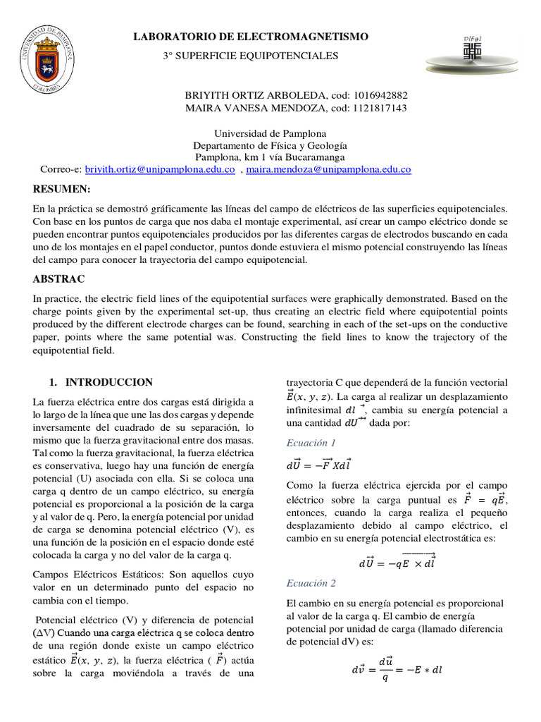 Lab#3. Superficies Equipotenciales. | PDF | Energía potencial | Campo eléctrico