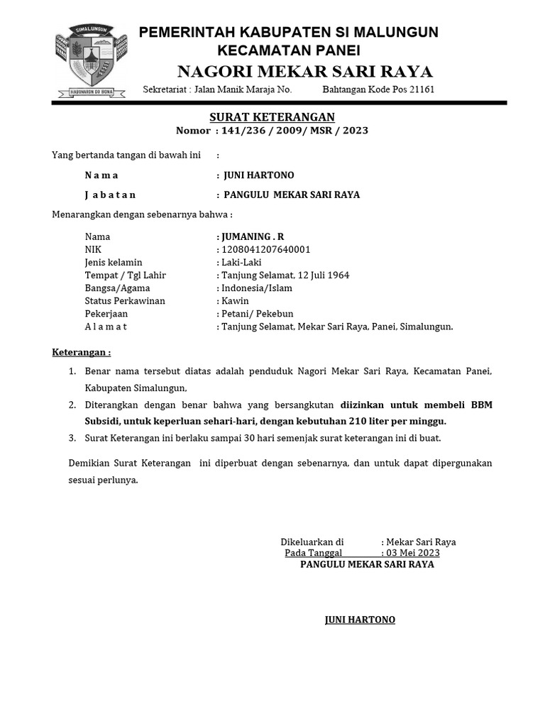 Surat Keterangan Izin Membeli BBM Subsidi | PDF