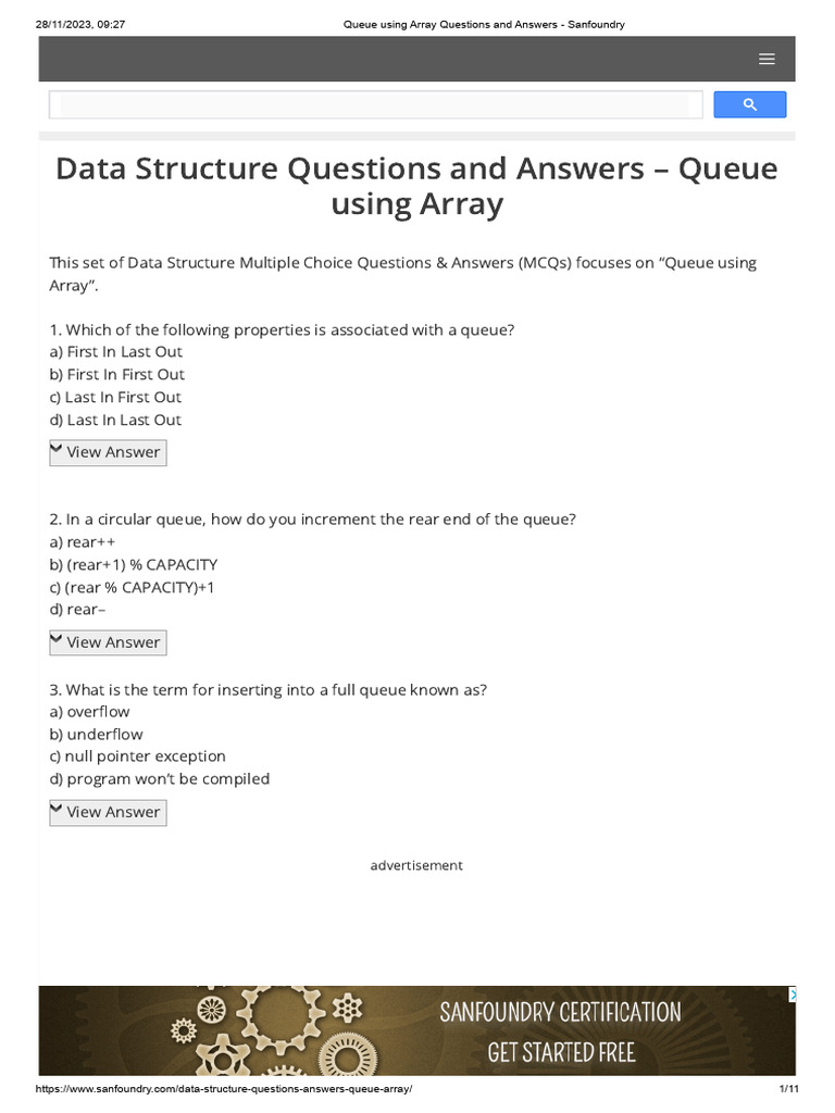 Queue Using Array Questions and Answers | PDF | Queue (Abstract Data ...