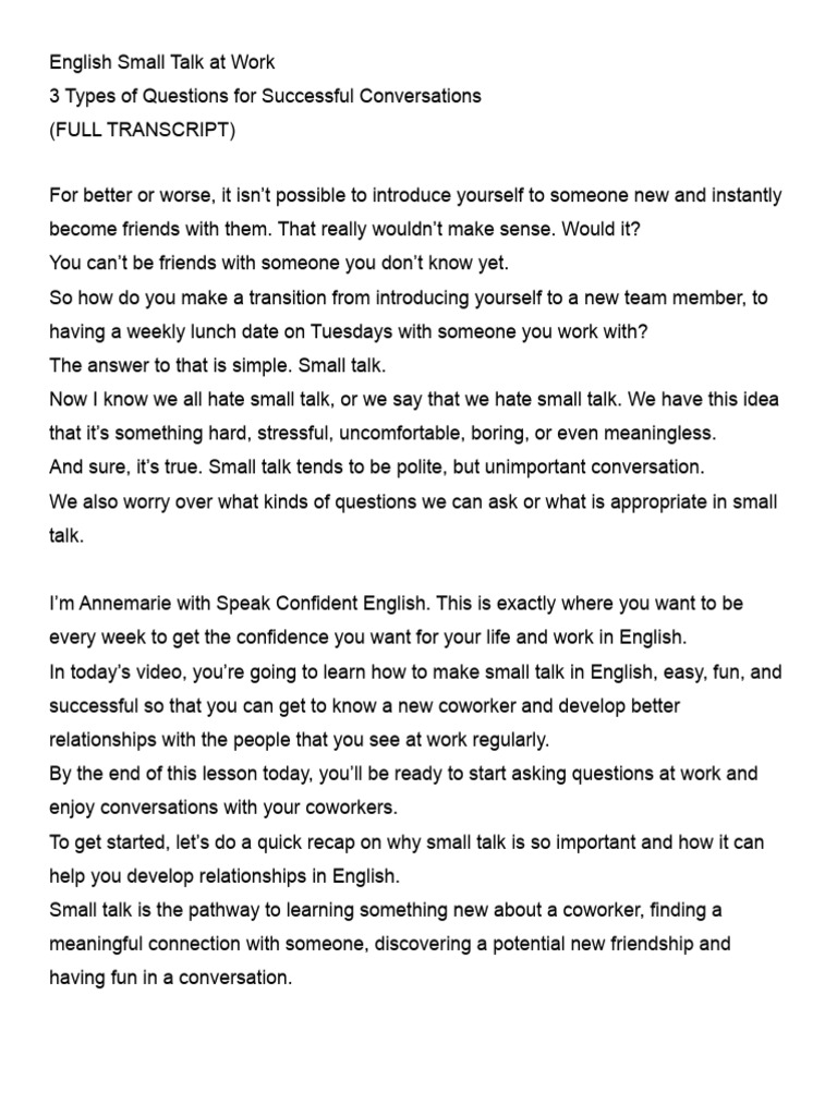 English Small Talk at Work | PDF | Question | Conversation
