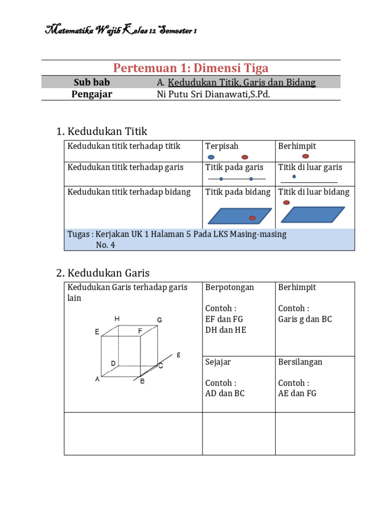 Modul Pertemuan 1 - Kedudukan Titik, Garis Dan Bidang - New | PDF