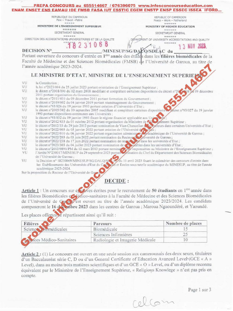 Concours FMSB UG 2023 1ere Annee Filieres Biomedicales | PDF