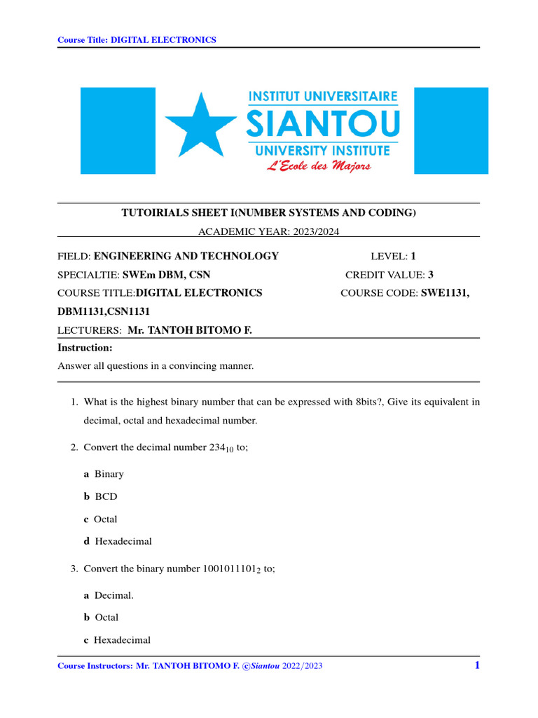 Tutoirials Sheet I - Digital Electronics 2023-2024 | PDF | Binary Coded Decimal | Decimal