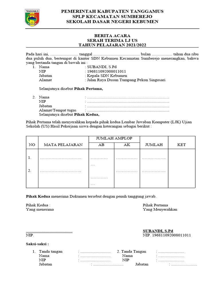 Berita Acara Penyerahan LJK US | PDF