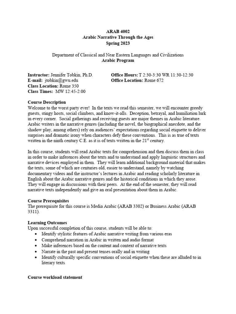 Syllabus Arabic Narrative Through The Ages 4002 | PDF | Narrative ...