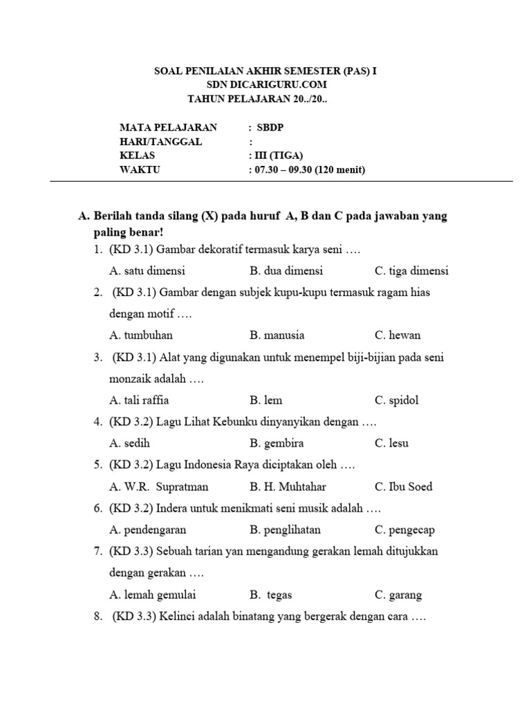 Soal PAS SBDP Kelas 3 | PDF