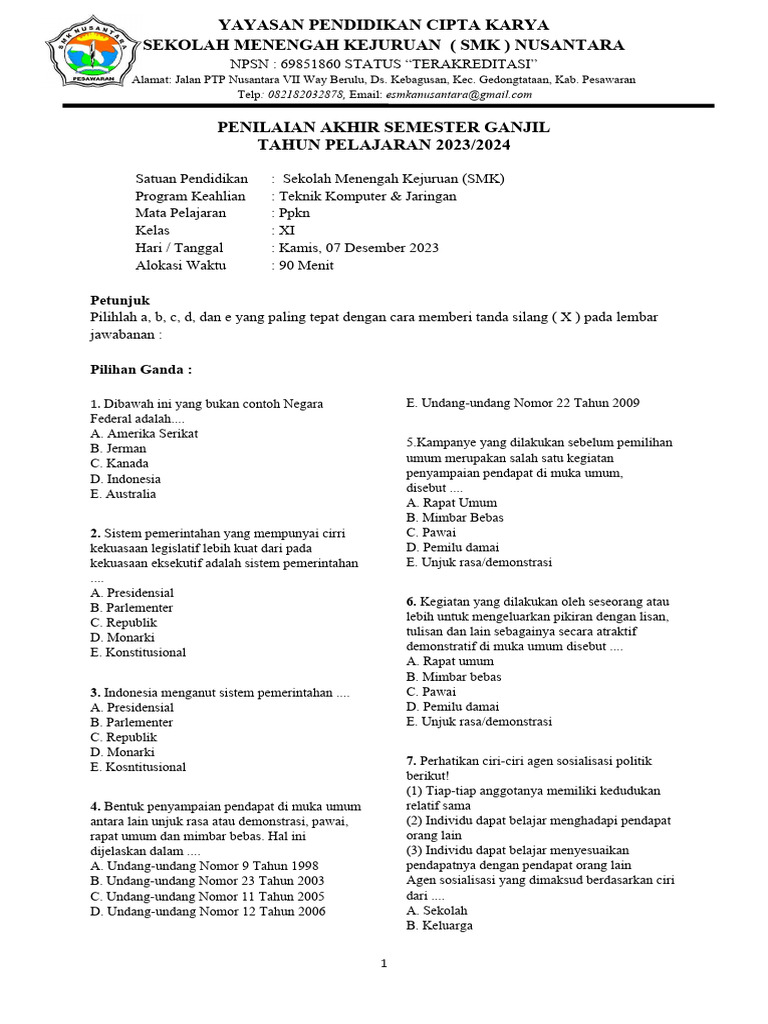 sOAL PPKN PAS GANJIL KELAS XI | PDF