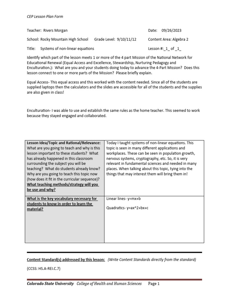 Cep Lesson Plan Template-1 | PDF | Lesson Plan | Equations