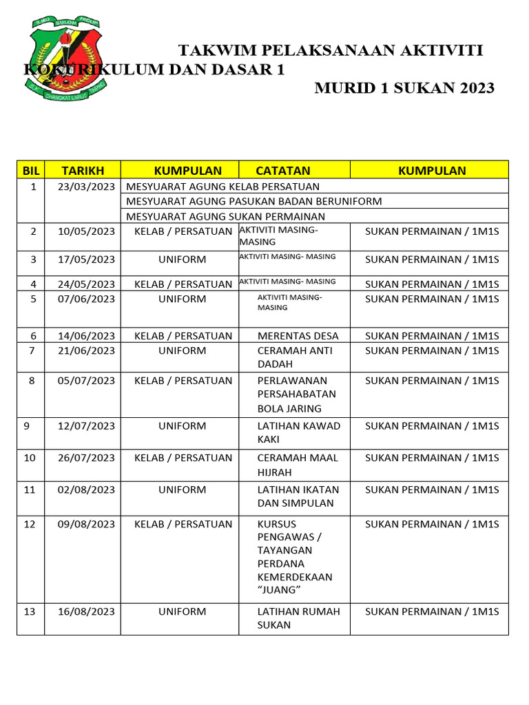 TAKWIM KOKURIKULUM 2023 WRD | PDF