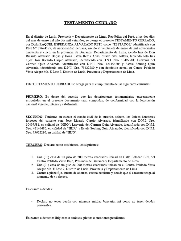 Testamento Cerrado | Descargar gratis PDF | Herencia | Derecho Civil ...