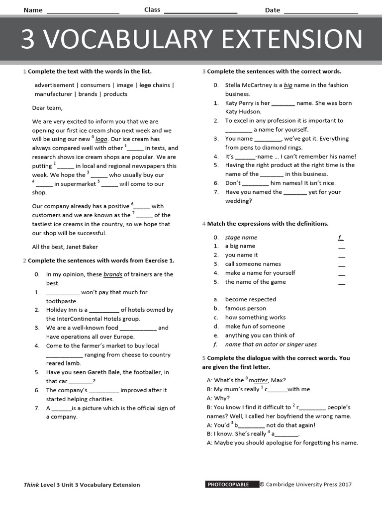 THINK L3 Unit 3 Vocabulary Extension | PDF | Brand | Business Process