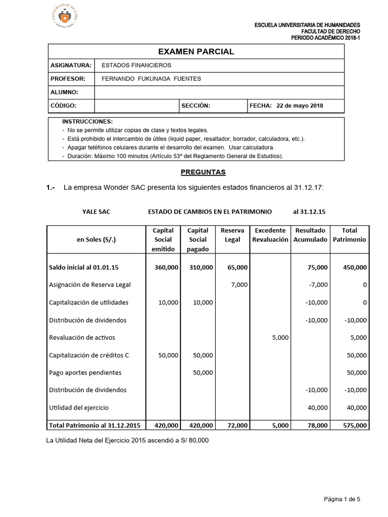 Estados Financieros - Examen Parcial 2018-1 | PDF | Servicios financieros | Negocios económicos