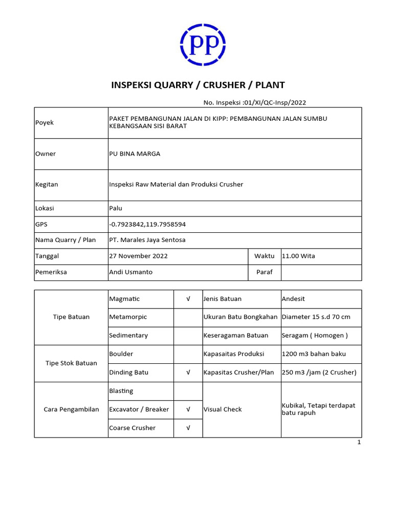 Form Inspeksi Quari Dan Plan | PDF