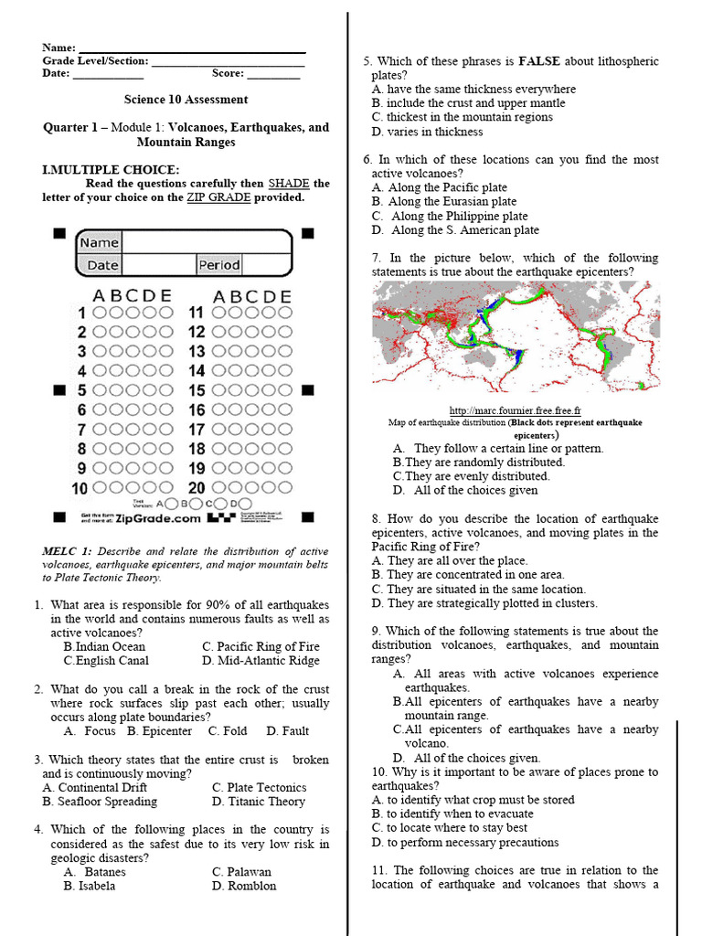Quarter 1 Module 1 Assessment | PDF | Plate Tectonics | Earthquakes