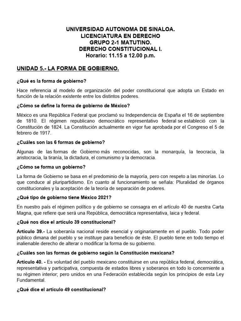 Unidad 5. La Forma de Gobierno %%& %%% | PDF | Gobierno | Estado (política)