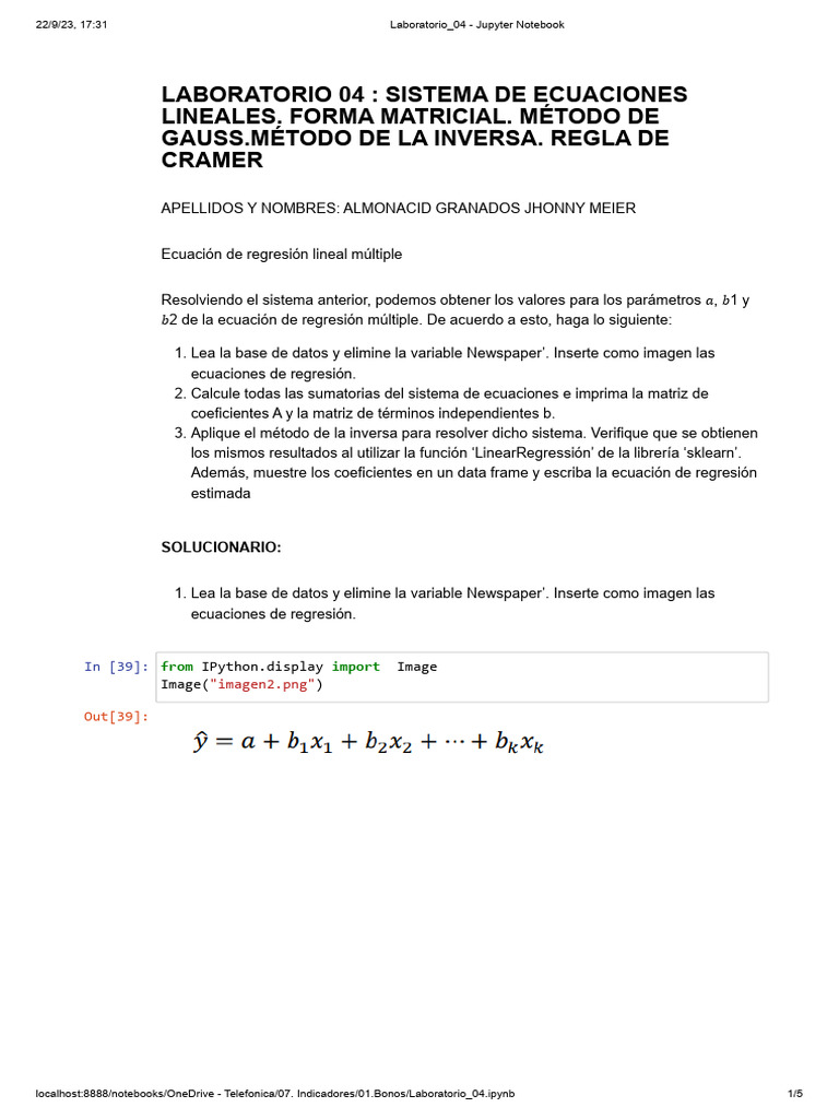 Laboratorio - 04 - Jupyter Notebook | PDF | Ecuaciones | Regresión lineal