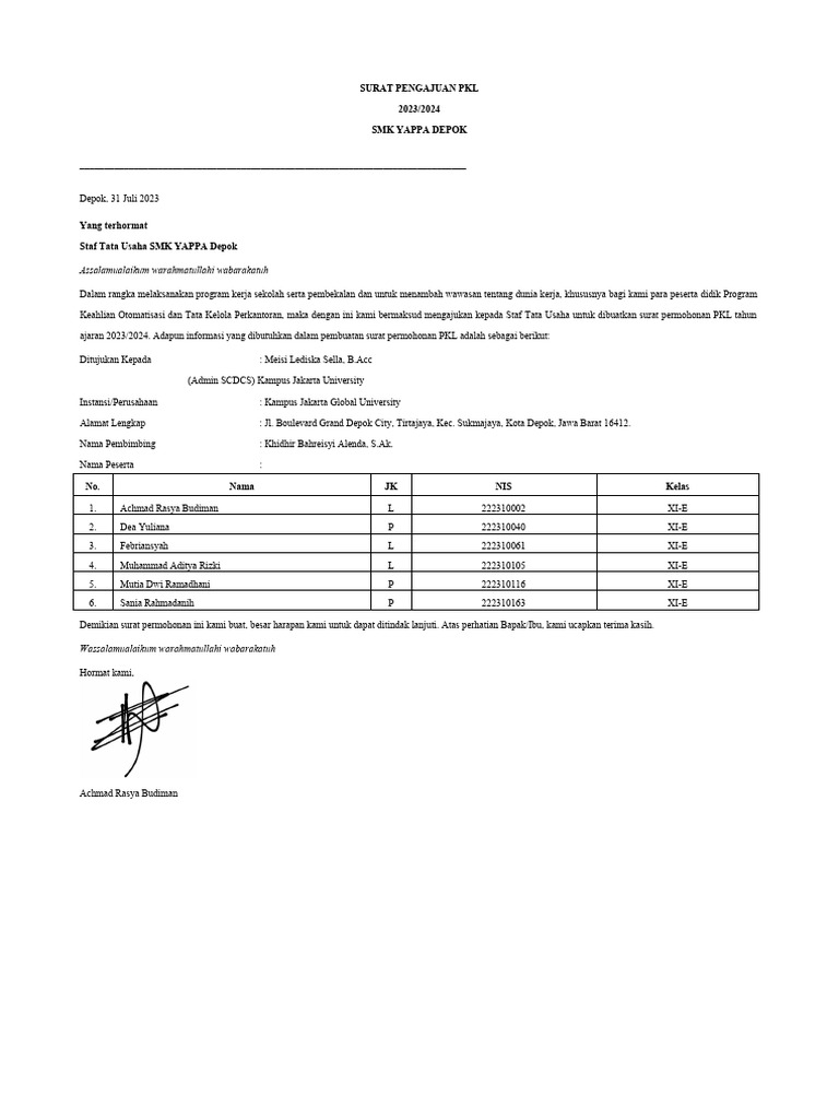 Surat Pengajuan PKL Kelompok 25 | PDF