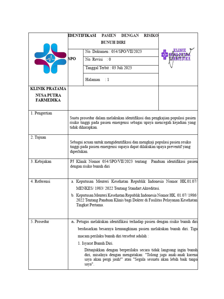 Sop Identifikasi Pasien Dengan Risiko Bunuh Diri | PDF