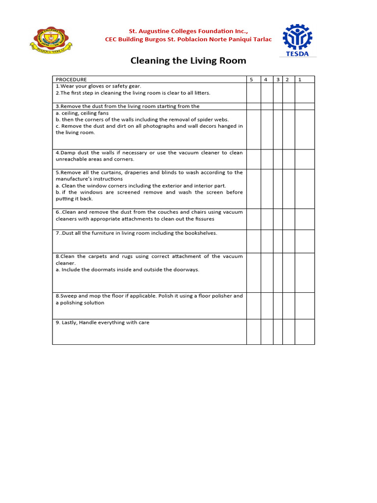 Checklist CLEANING THE LIVING ROOM | PDF