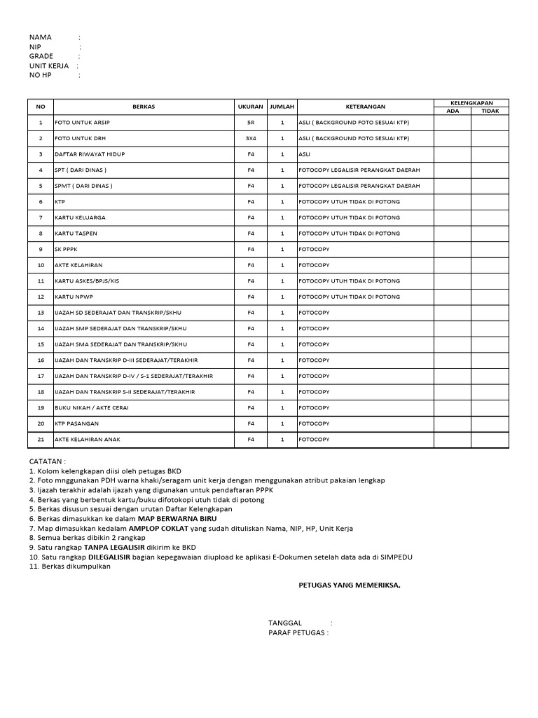 Checklist Berkas PPPK Baru 2023 | PDF