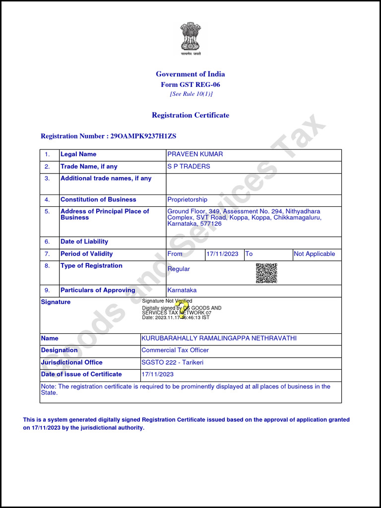 SP Traders - GST Regn Certificate | PDF | Business | Sole Proprietorship