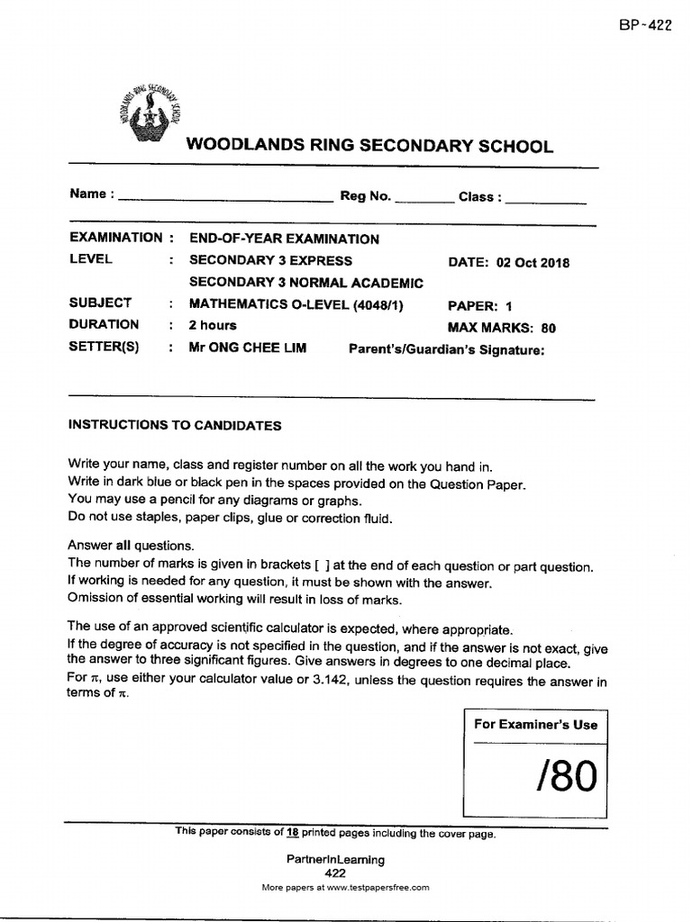 2018 Secondary 3 EMath (Woodlands Secondary School) | PDF 2018 Secondary 3 EMath (Woodlands Secondary School) | PDF