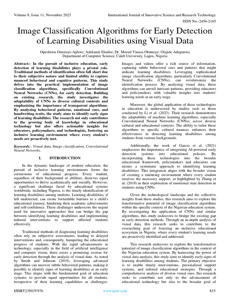 Image Classification Algorithms For Early Detection of Learning ... Image Classification Algorithms For Early Detection of Learning ...