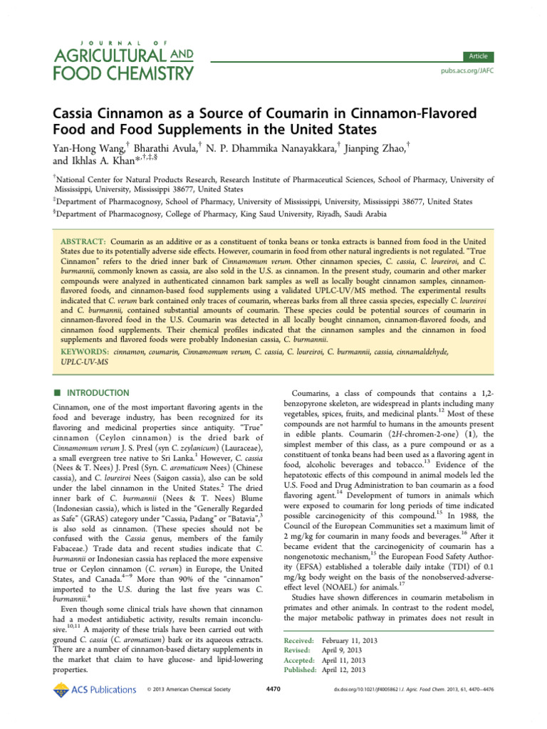 Cassia Cinnamon As A Source of Coumarin in Cinnamon-Flavored Food and Food Supplements in The US ...