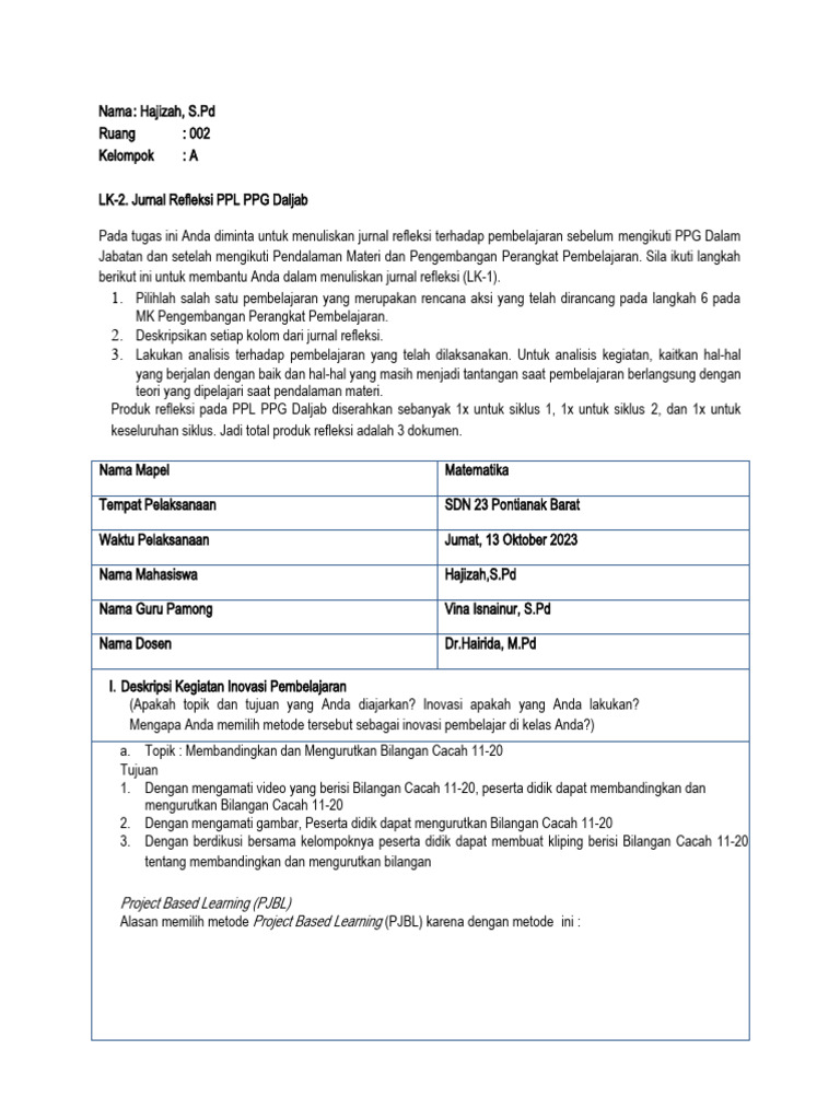LK 2. Jurnal Refleksi PPL PPG Daljab | PDF | Karier & Perkembangan